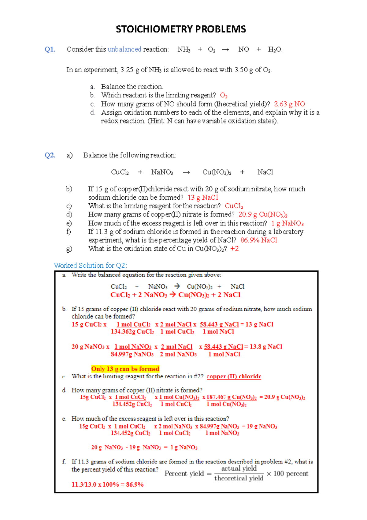 Stoichiometry Problems: Balancing Reactions & Yield Calculations - Studocu