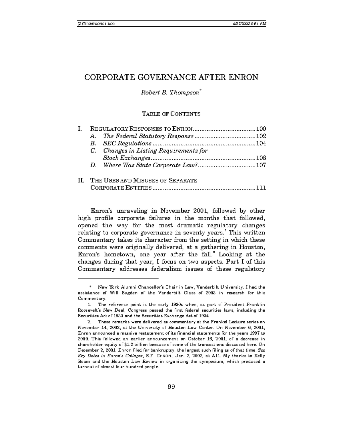 4883 corporate governance after enron - 99 CORPORATE GOVERNANCE AFTER ...