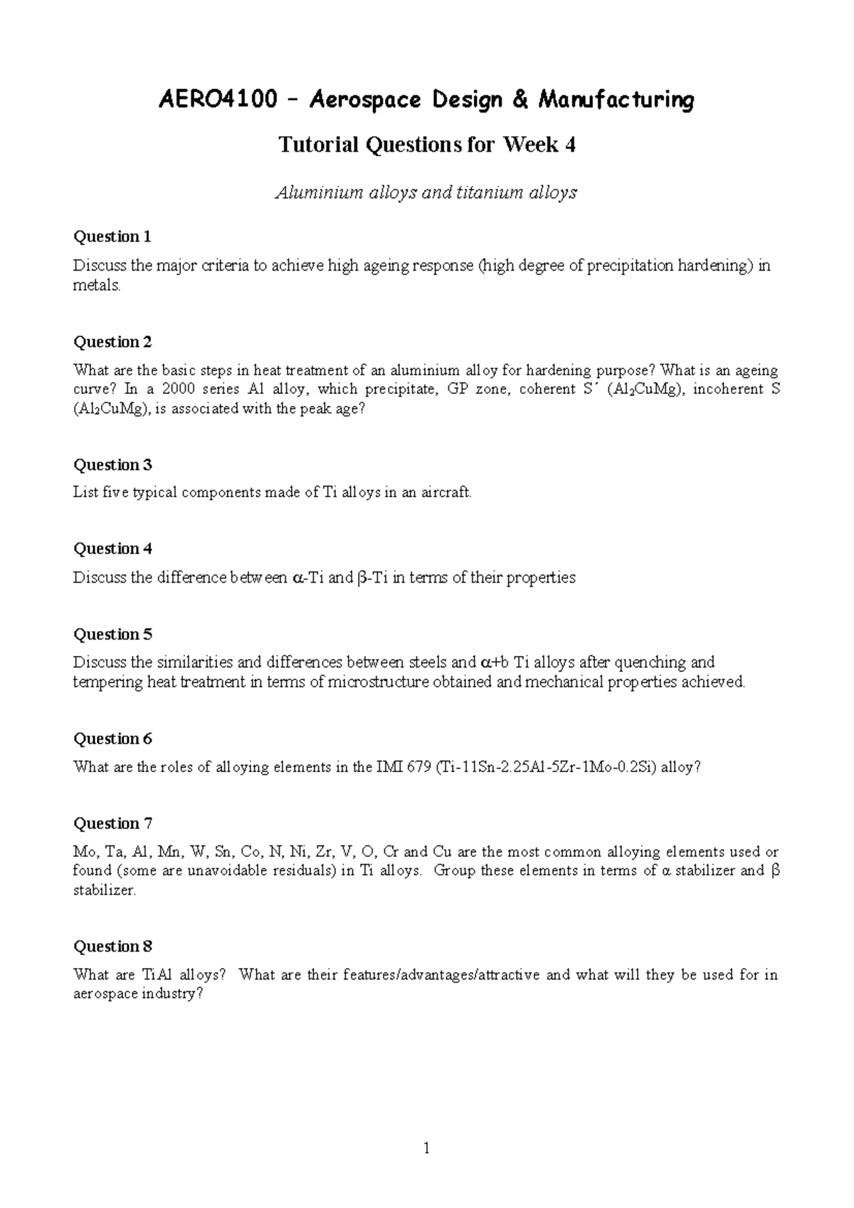 AERO4100 Week 4 Tutorial: Al & Ti Alloys Questions - Studocu