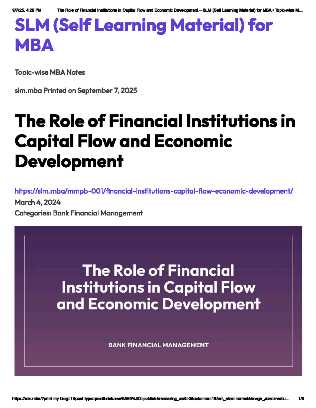 The Role of Financial Institutions in Capital Flow & Economic Dev. SLM (MBA) - Studocu