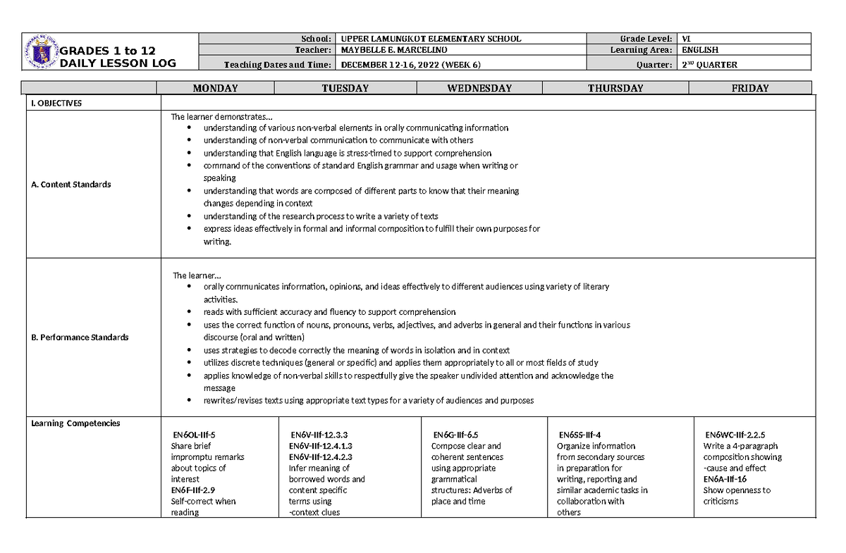 DLL English 6 Q2 W6 - Comprehensive Daily Lesson Plan - Studocu