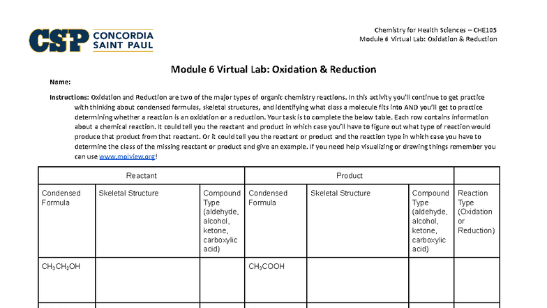 CHE105 Module 6 Virtual Lab: Oxidation & Reduction Guide - Studocu