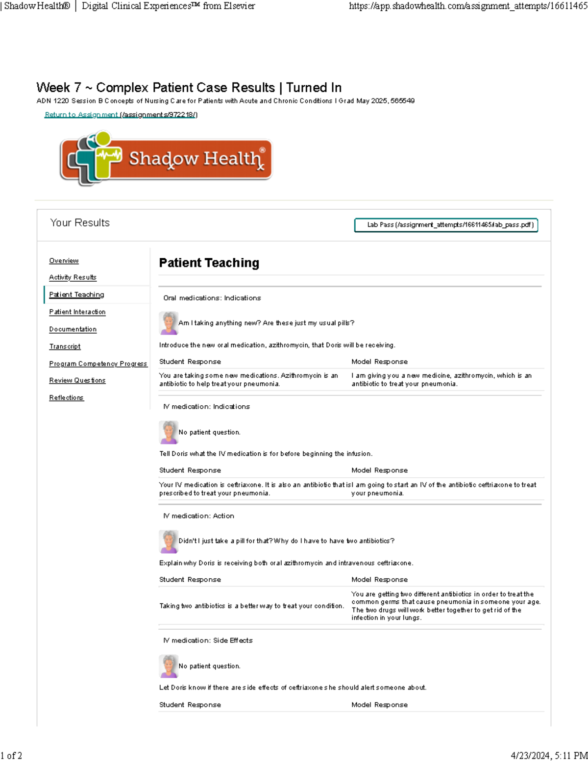 ADN 1220 Week 7 Complex Patient Case: Doris Turner Teaching Notes - Studocu