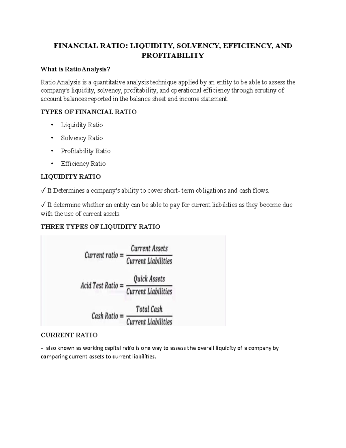 Financial Ratios: Liquidity, Solvency, Efficiency & Profitability Analysis - Studocu