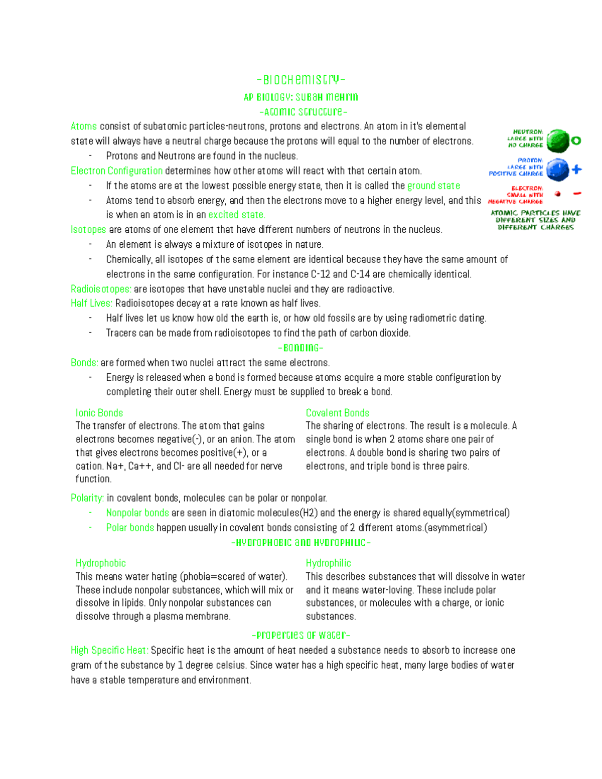AP Biology Study Guide Biochemistry -Biochemistry- AP biology: SUbah ...