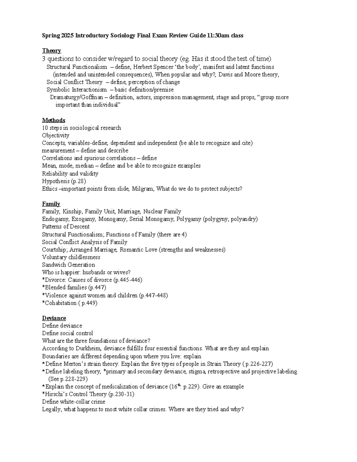 Spring 2025 Introductory Sociology Final Exam Review Guide for 11:30am ...