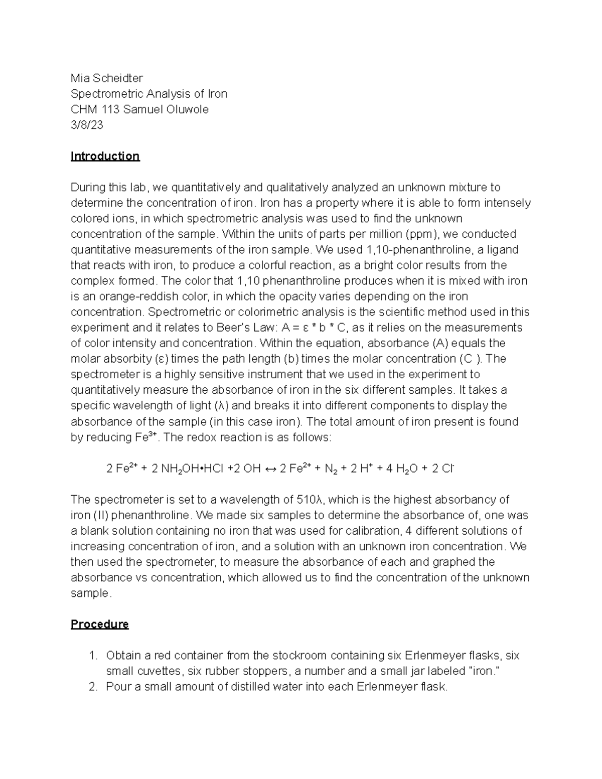 Spectrometric Analysis of Iron Lab Report - Mia Scheidter - Mia ...