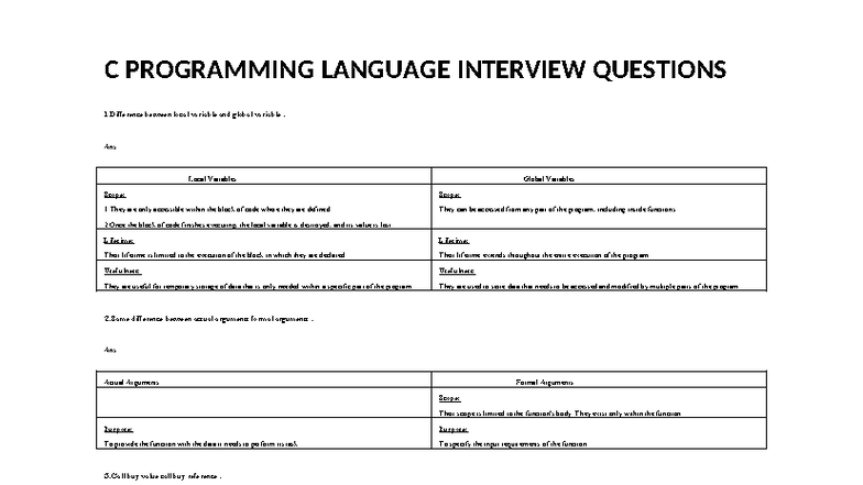C Programming Language Interview Questions and Answers - Studocu