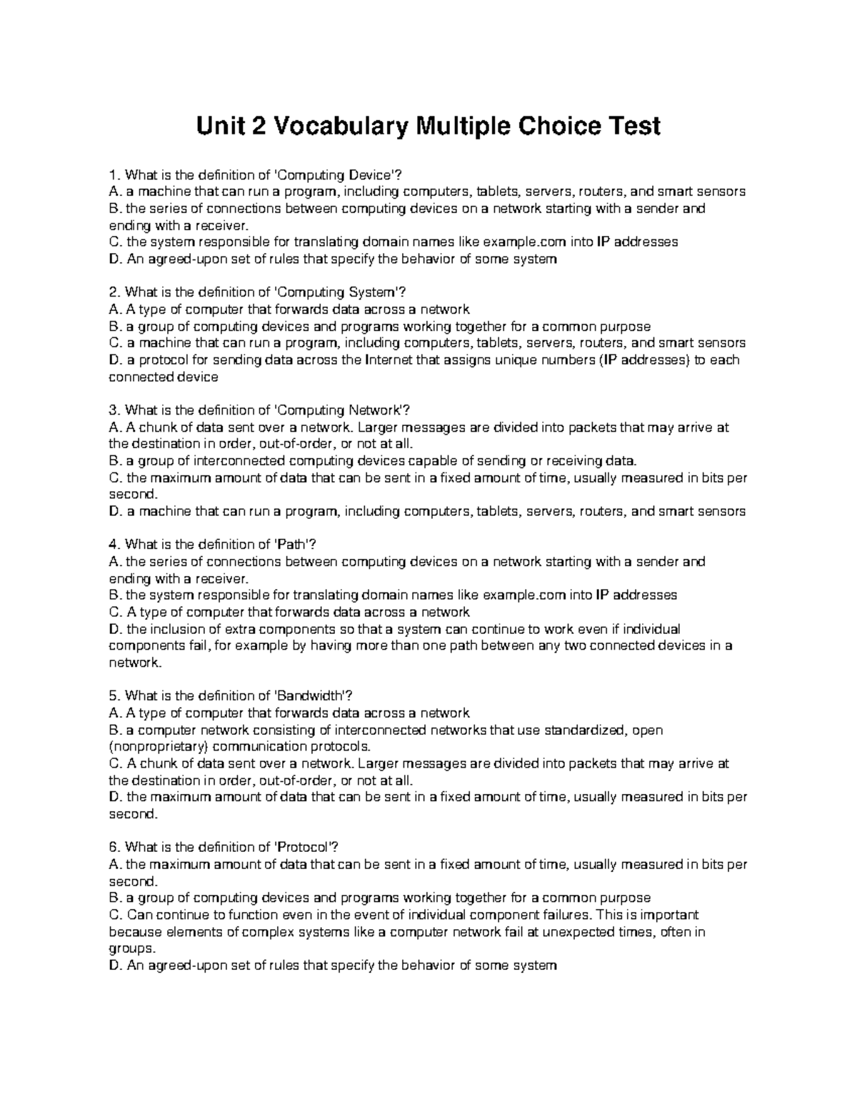 Unit 2 Vocabulary MC Test: Networking Concepts and Definitions - Studocu