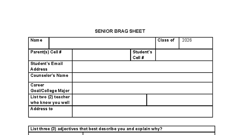 Senior Brag Sheet Template for Class of 2026 - Studocu