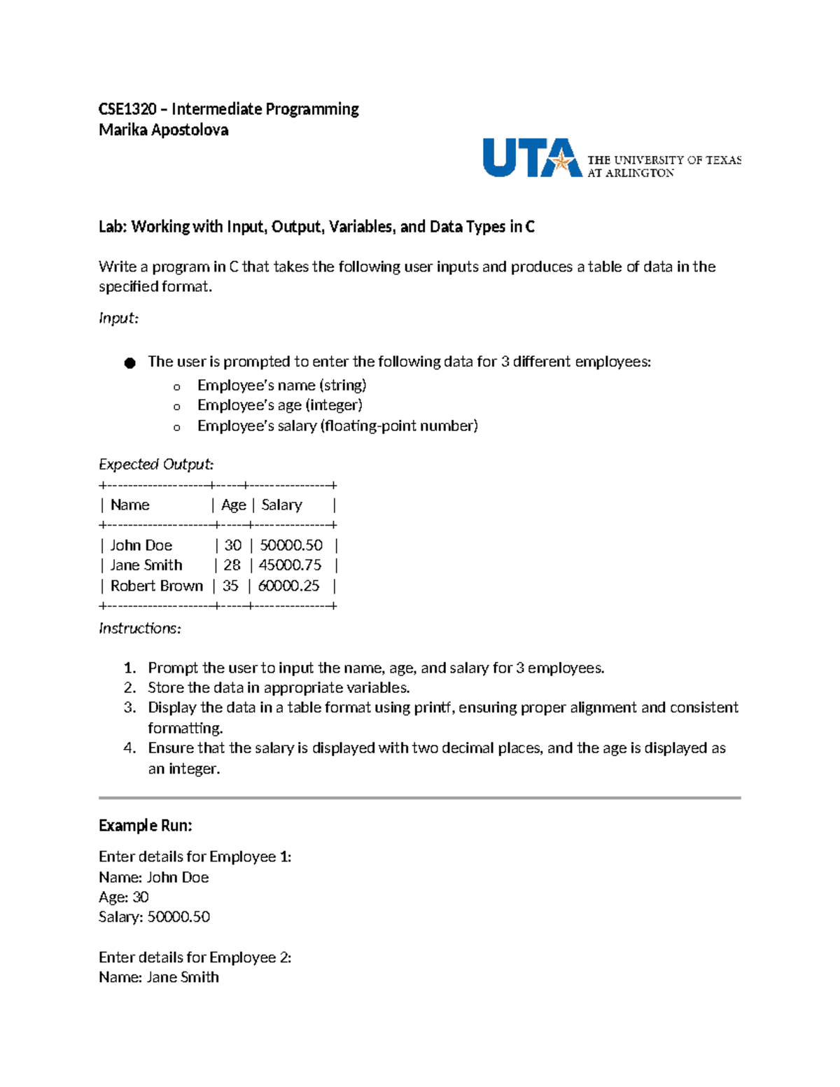 CSE1320 Lab: Input, Output, Variables & Data Types in C - Studocu