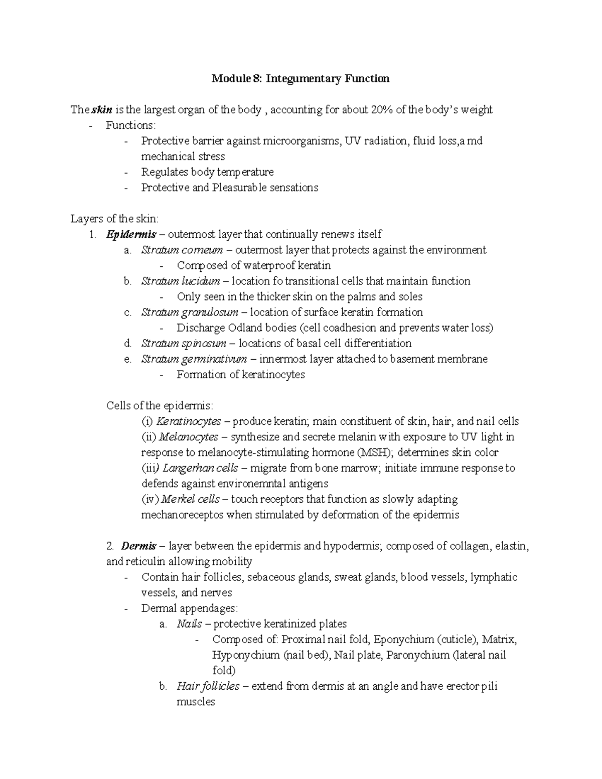 N6805: Integumentary System Overview and Disorders Review - Studocu
