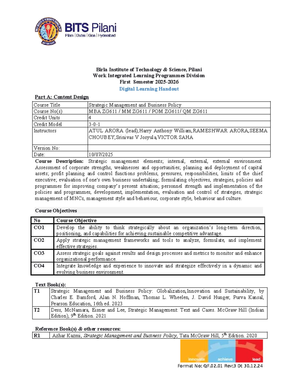 MBA ZG611 Strategic Management & Business Policy Course Handout - Studocu