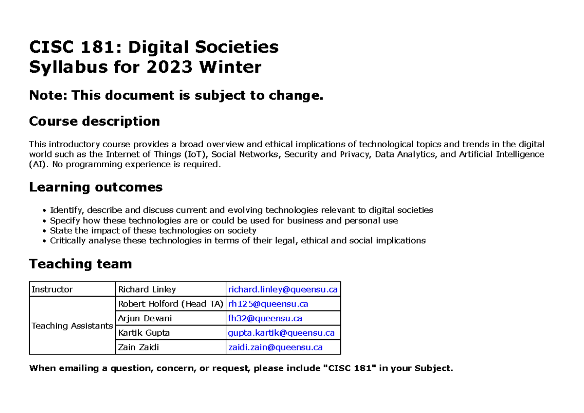 CISC 181: Digital Societies Syllabus - Winter 2023 Edition - Studocu