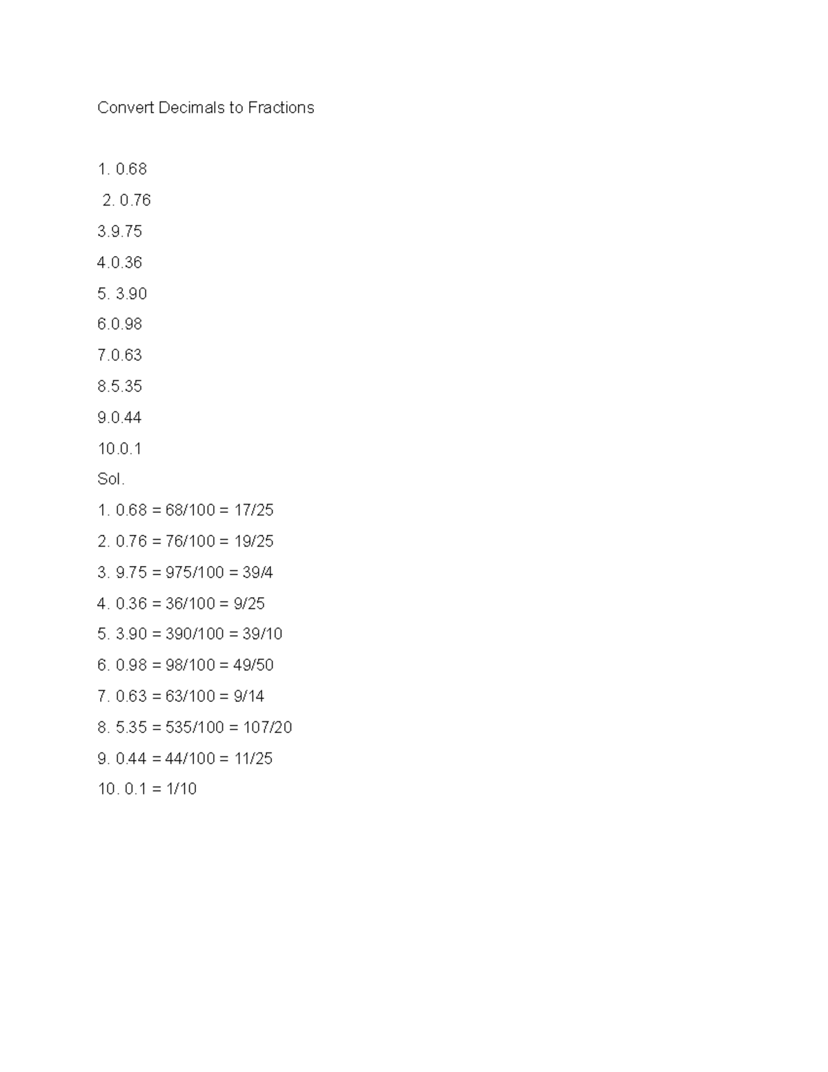 Math 101: Converting Decimals to Fractions with Word Problems - Studocu