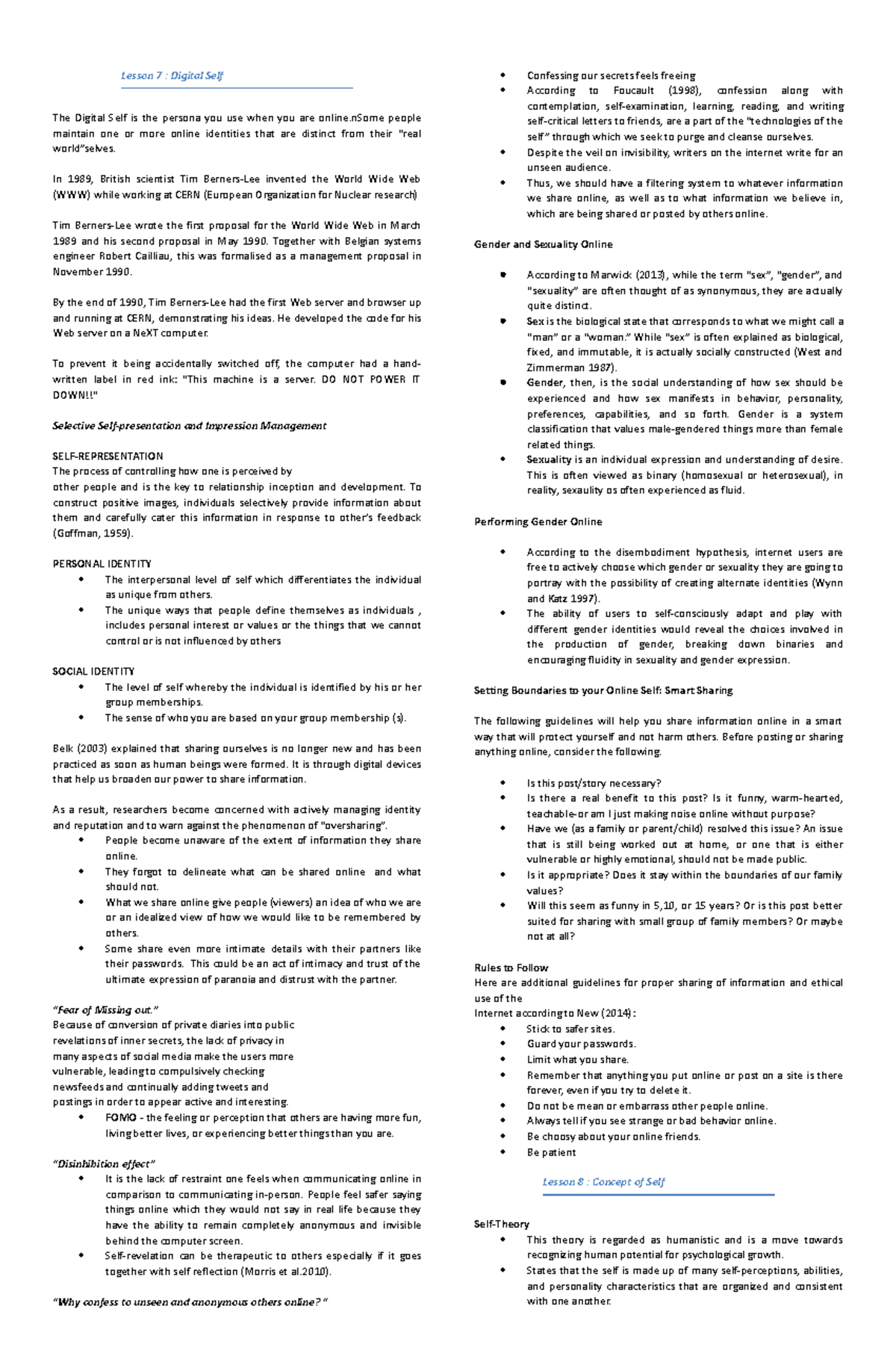 Understanding the Digital Self: Insights from Lesson 7 - Studocu