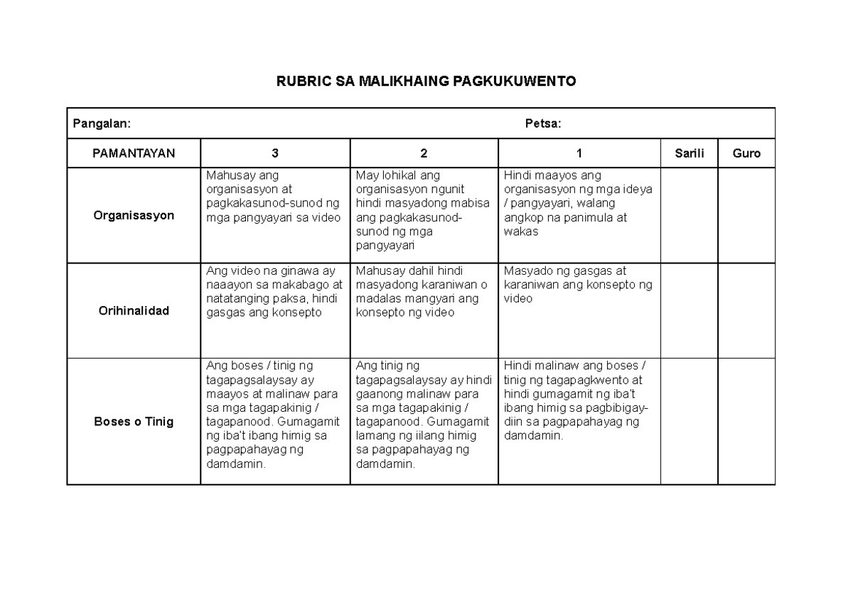 312866711 Rubric para sa Paggawa ng Video Presentation - Studocu