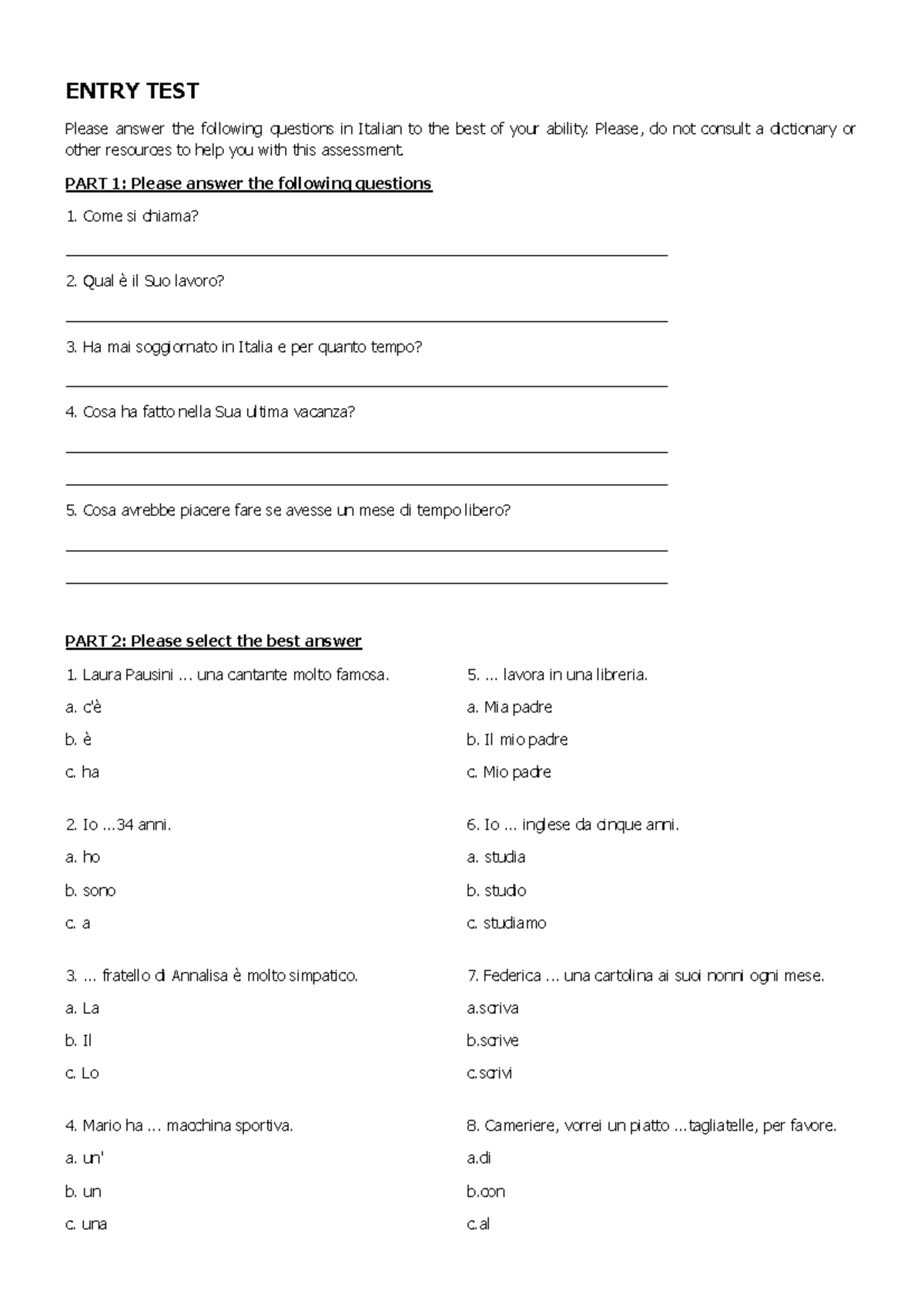 Italian Entry Test - Self-Assessment (Beginner Level) - Studocu