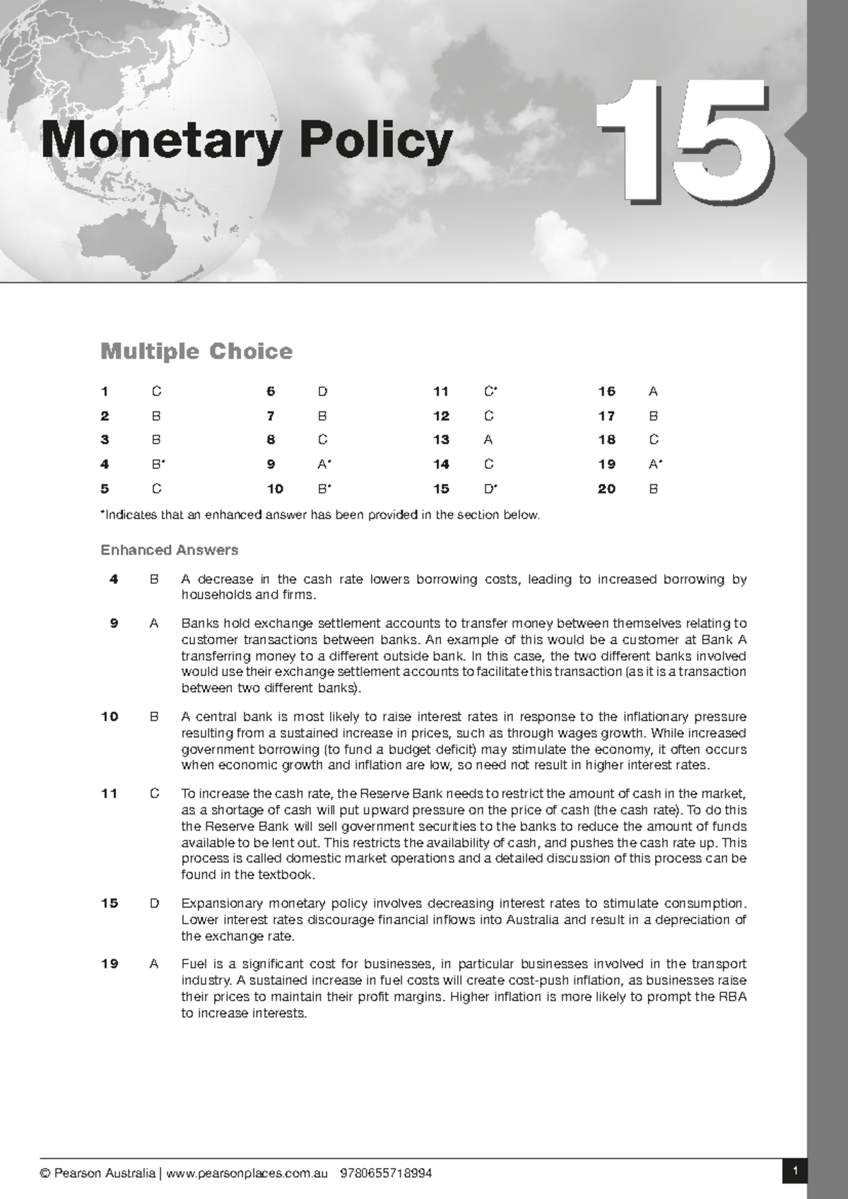 AGE 2025 Workbook Chapter 15: Monetary Policy Multiple Choice Answers ...