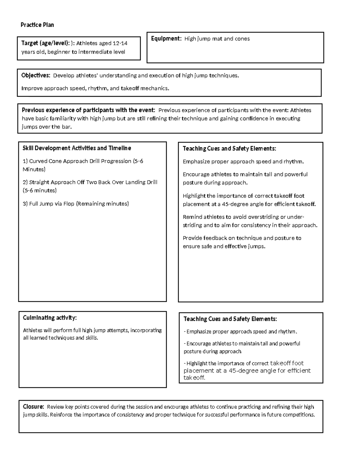Practice Plan - High jump - Practice Plan Target (age/level ...