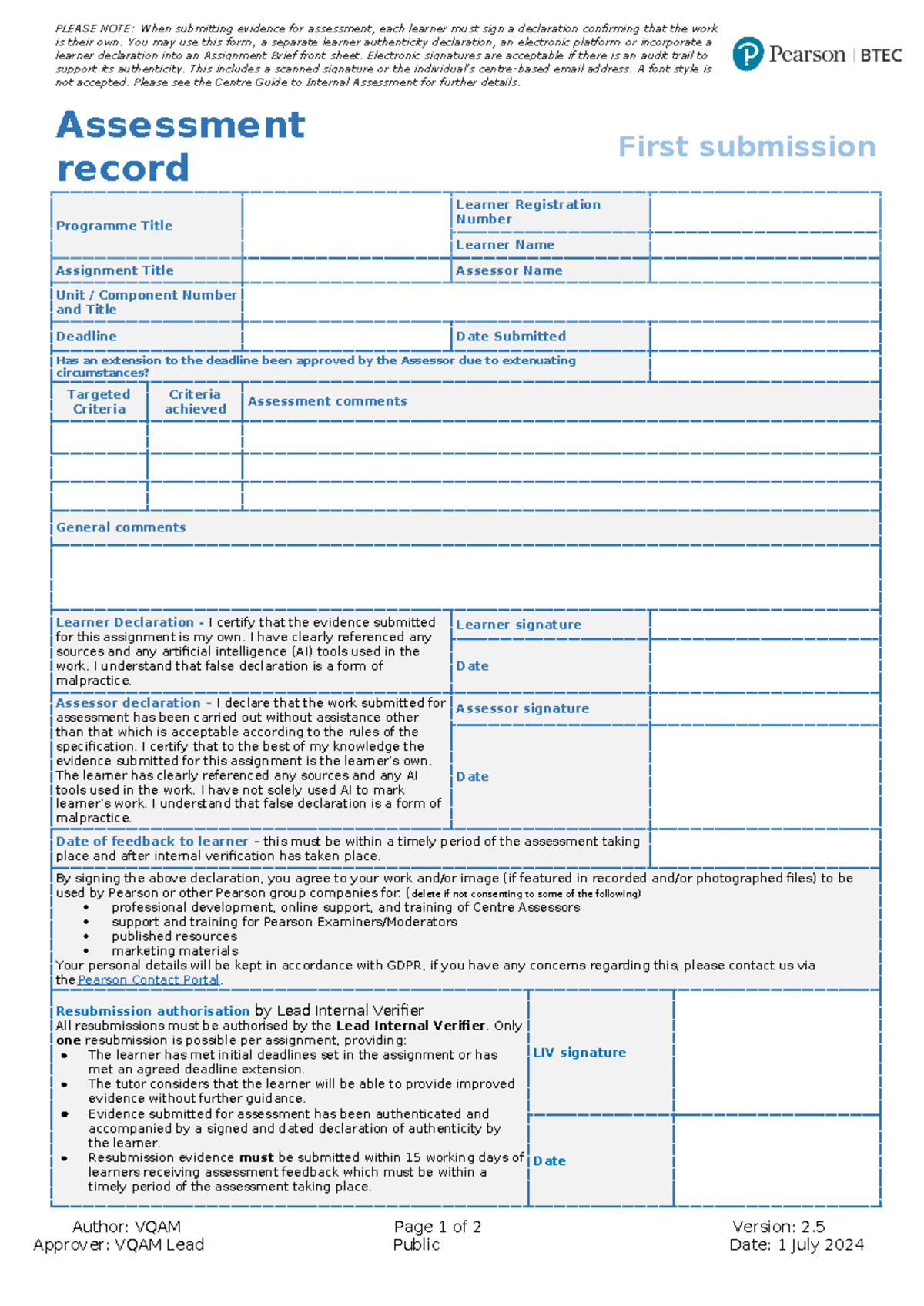 BTEC Assessment Record Template for Learner Submission and Verification - Studocu