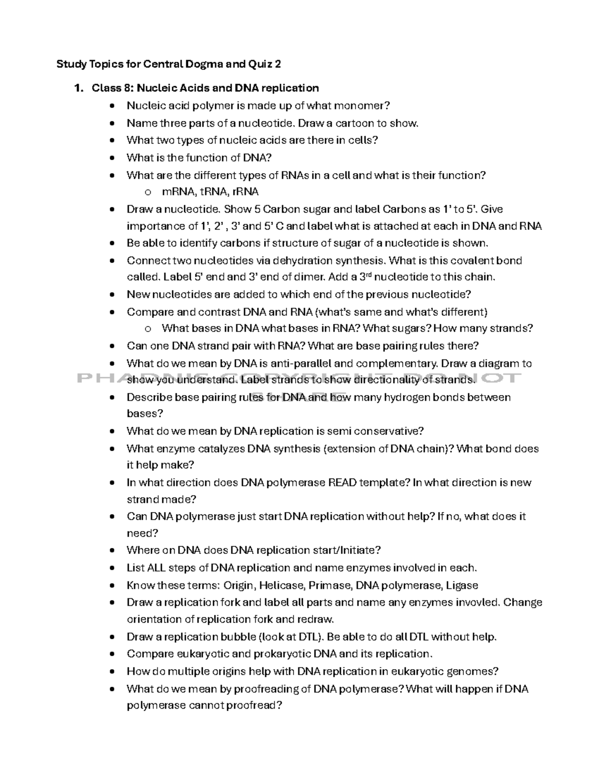 Study Guide for Central Dogma (Bio 101): DNA Replication, Transcription ...