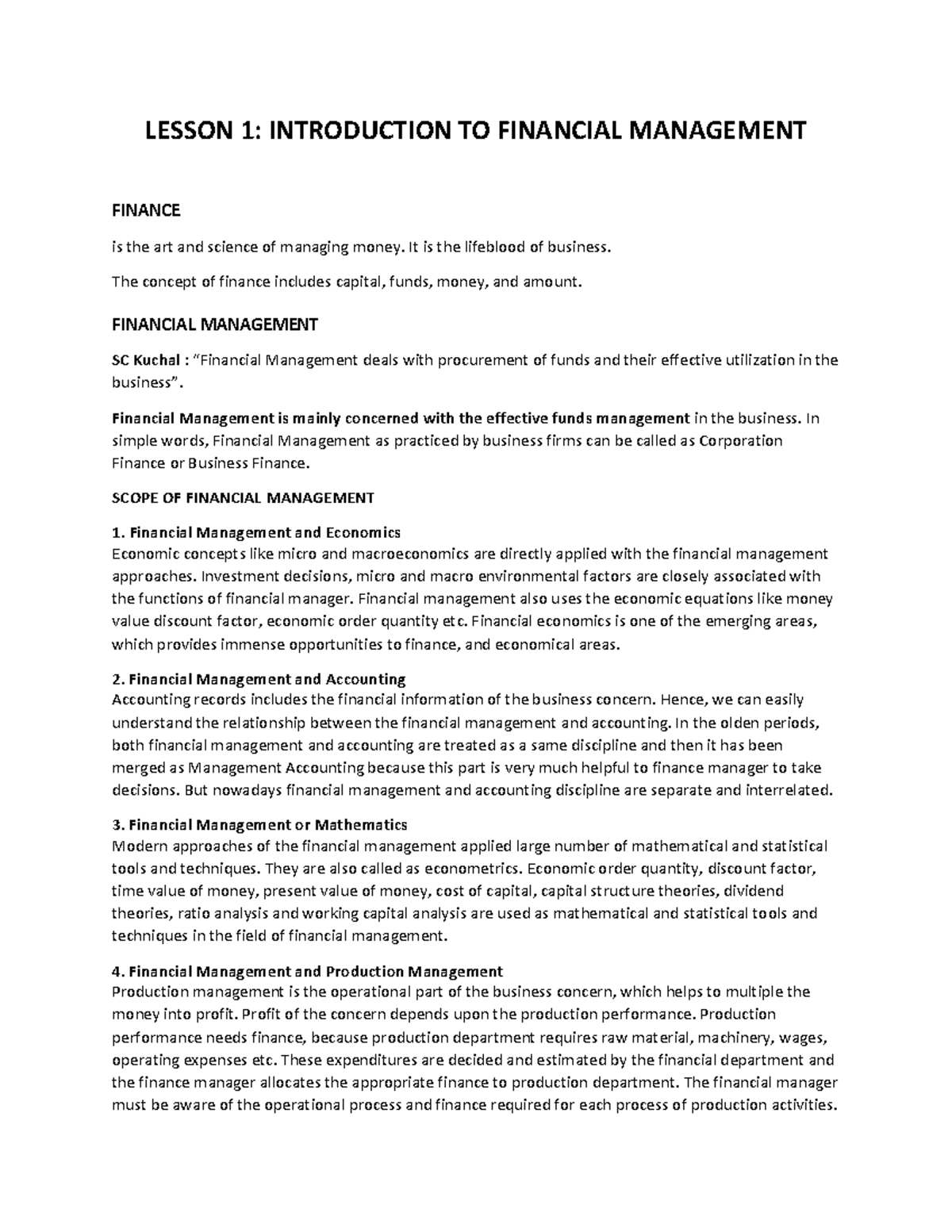 FINMAN 01: Introduction to Financial Management - Key Concepts & Scope - Studocu
