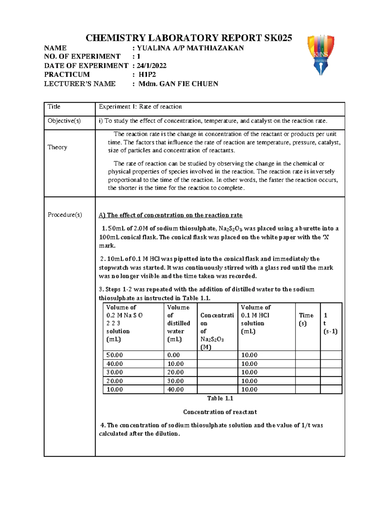 2. Chemistry SK025 Pre-Lab Answer - Pre-Lab Module EXPERIMENT 1 RATE OF ...