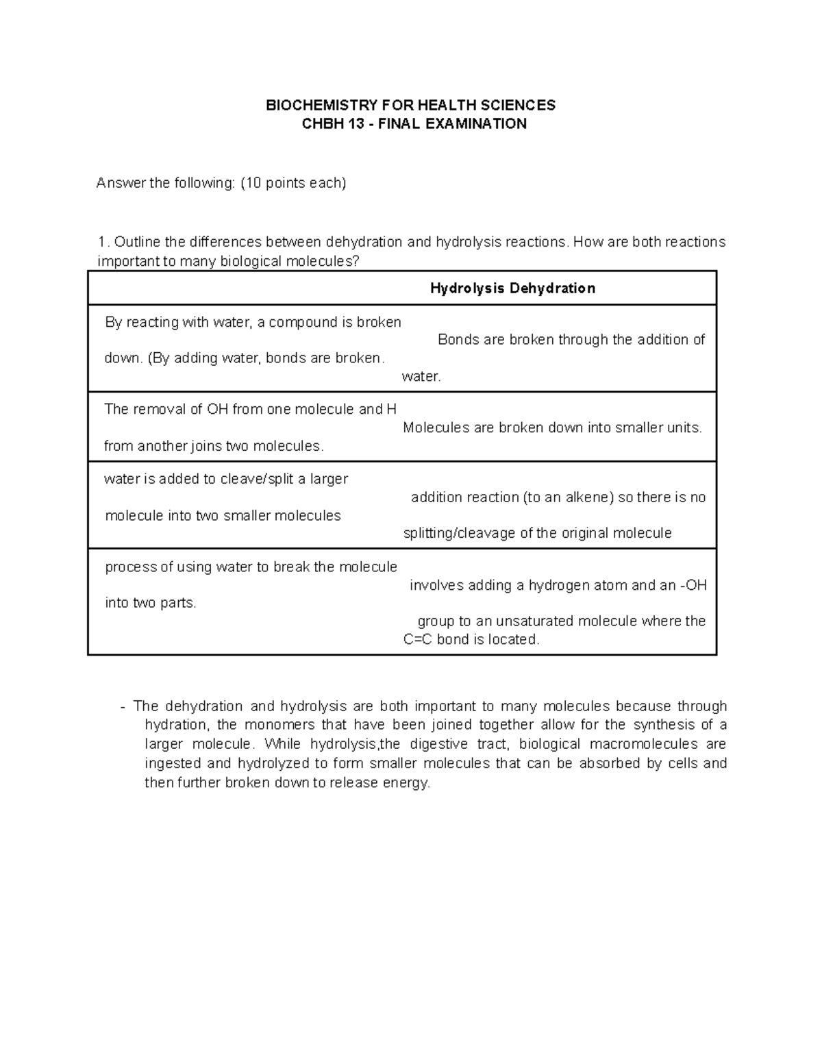 CHBH 13 - FINAL EXAMINATION NOTES ON BIOCHEMISTRY AND MOLECULAR BIOLOGY ...