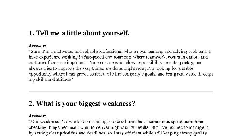 Interview Preparation Guide: Common Questions & Answers - Studocu