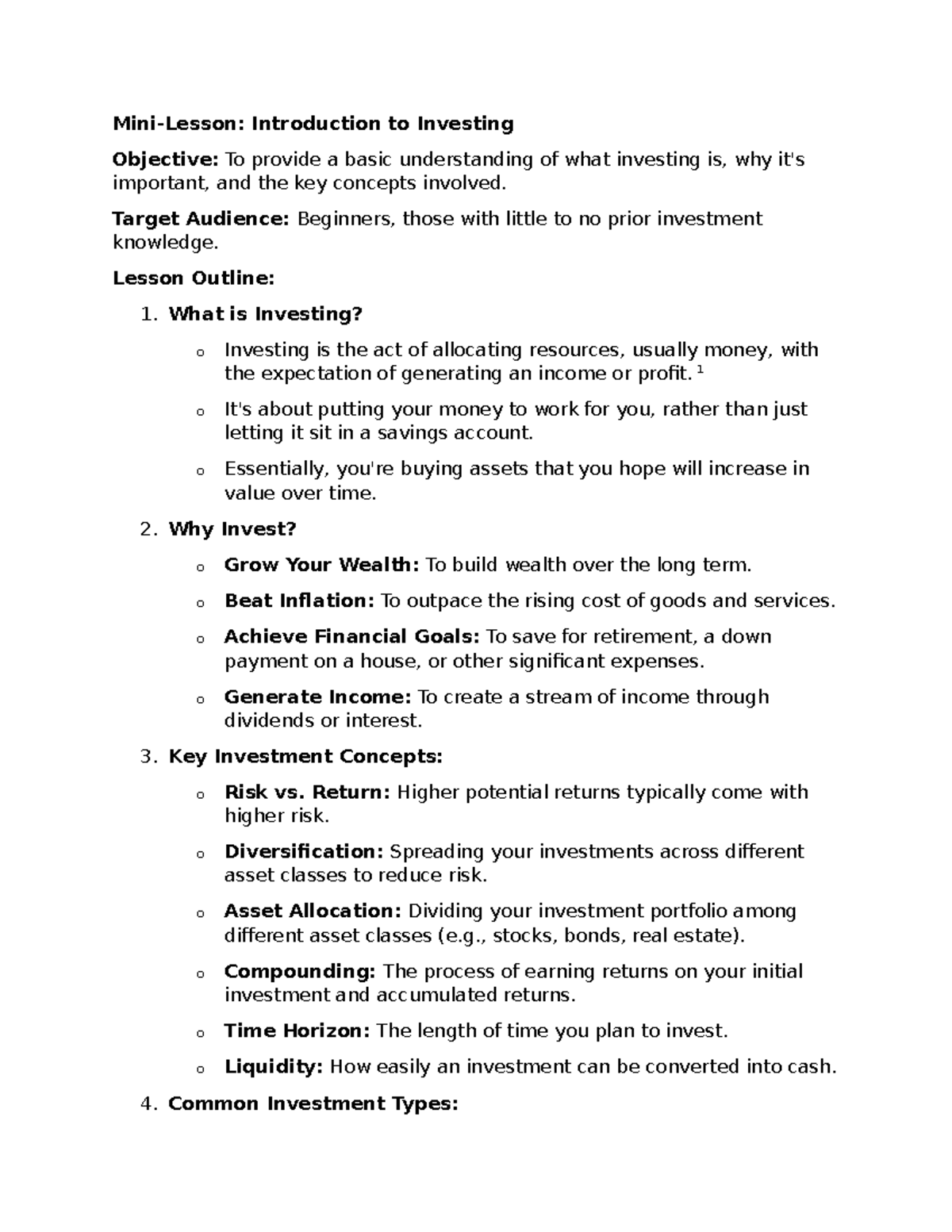 Mini lesson on Investing - Mini-Lesson: Introduction to Investing ...