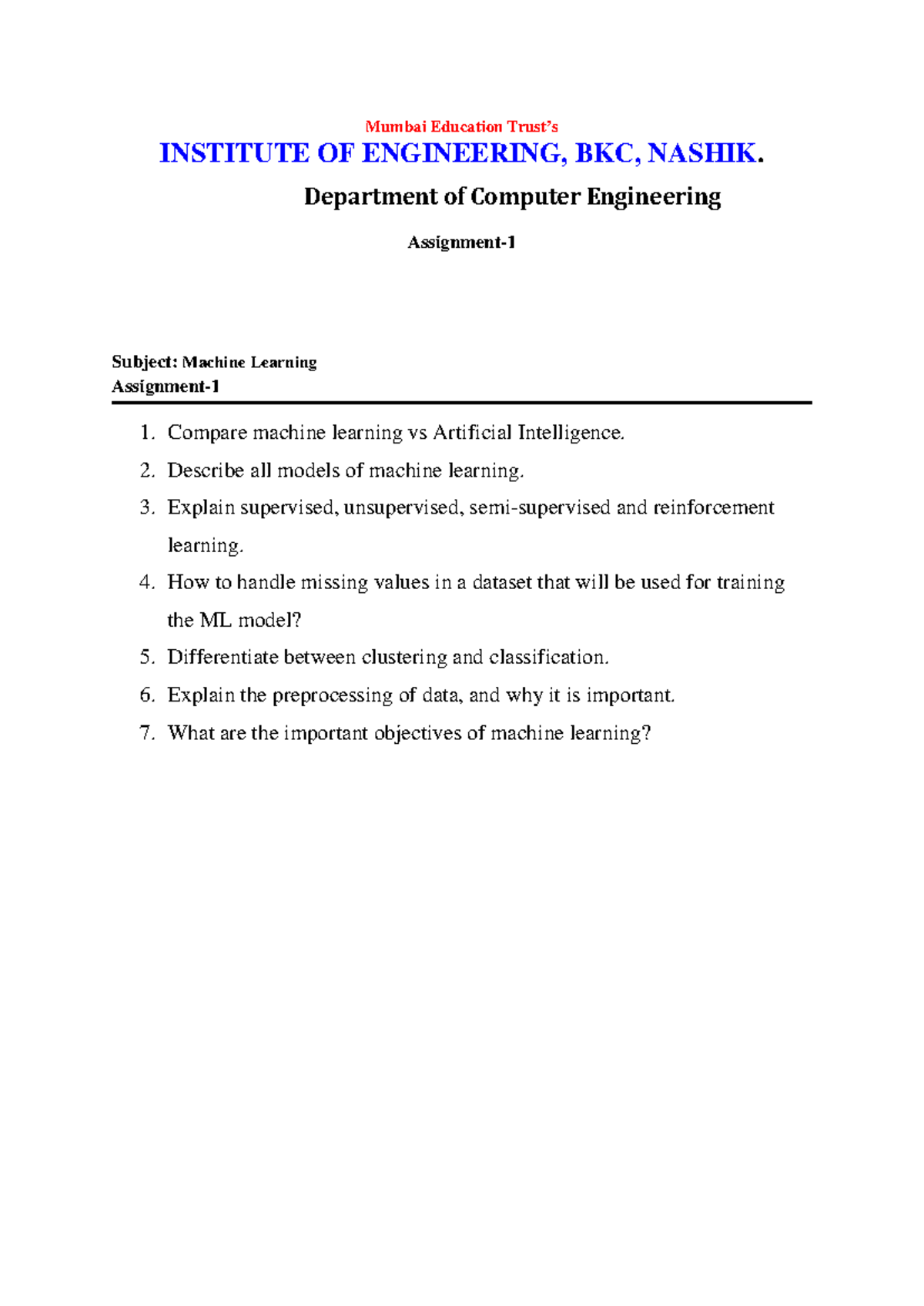 ML Assignment 1: Comparing ML & AI, Models, and Techniques - Studocu