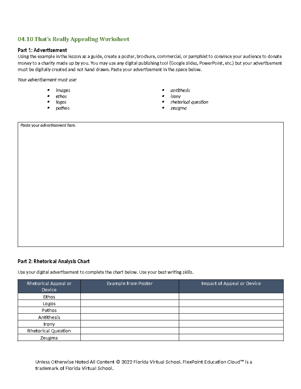 04 10 Worksheet: Rhetorical Appeals & Advertisement Project - Studocu
