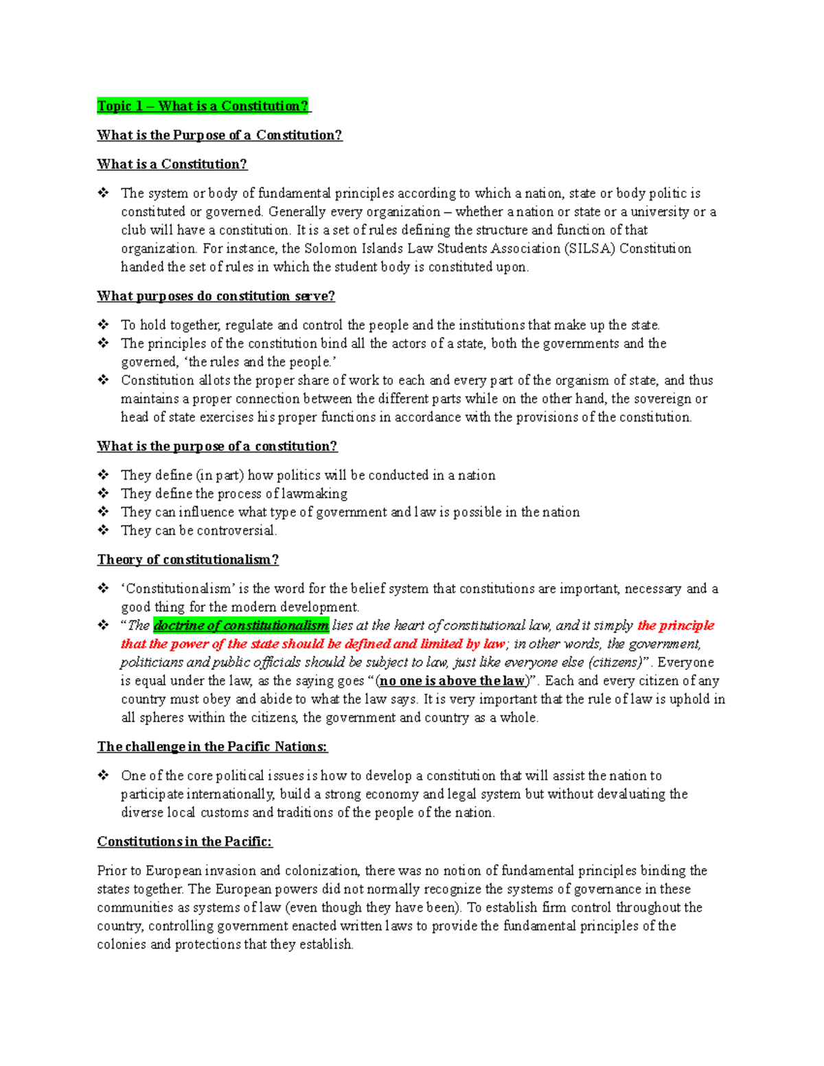 LW308 Notes - For study purposes - Topic 1 – What is a Constitution ...