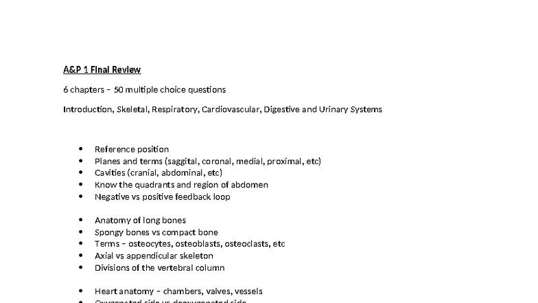 A&P 1 Final Review: Key Topics from 6 Systems & Exam Prep - Studocu