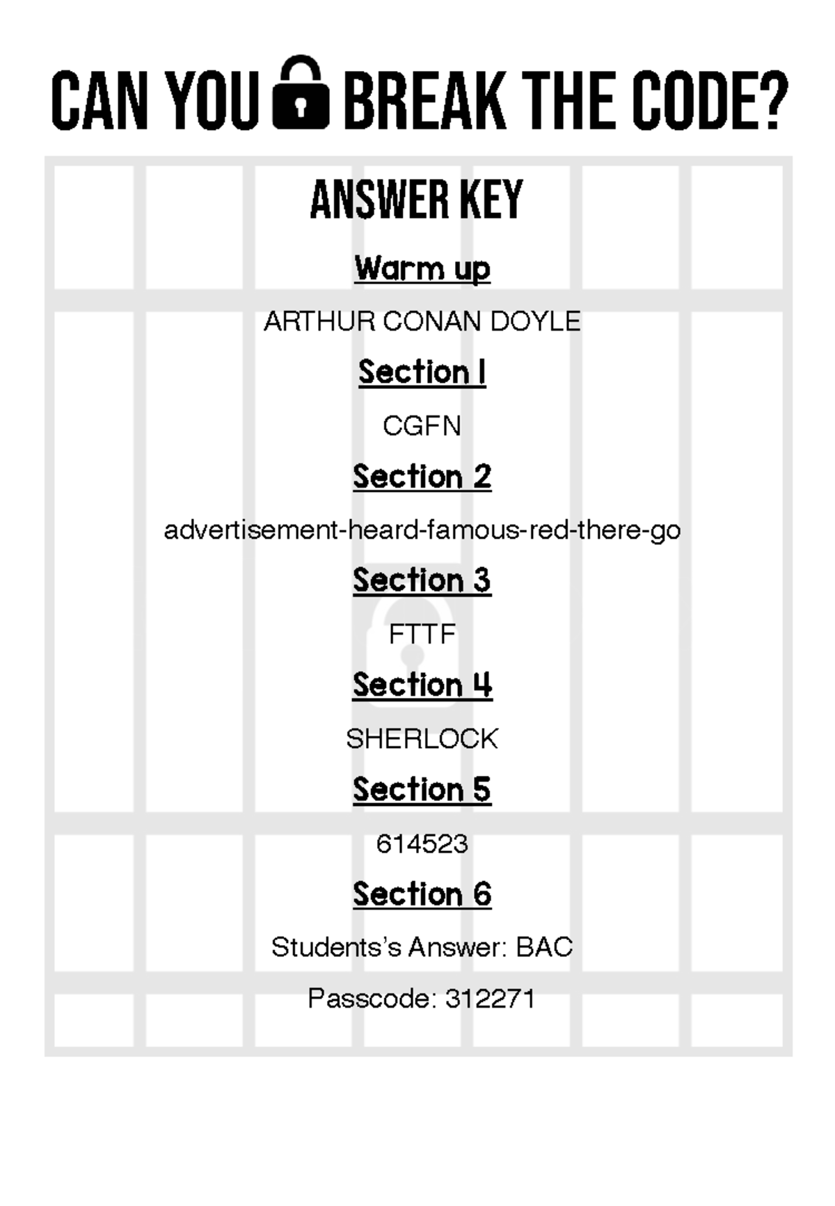 Sherlock Holmes Answer Key - FINA10200 - Can you break the code? Answer ...
