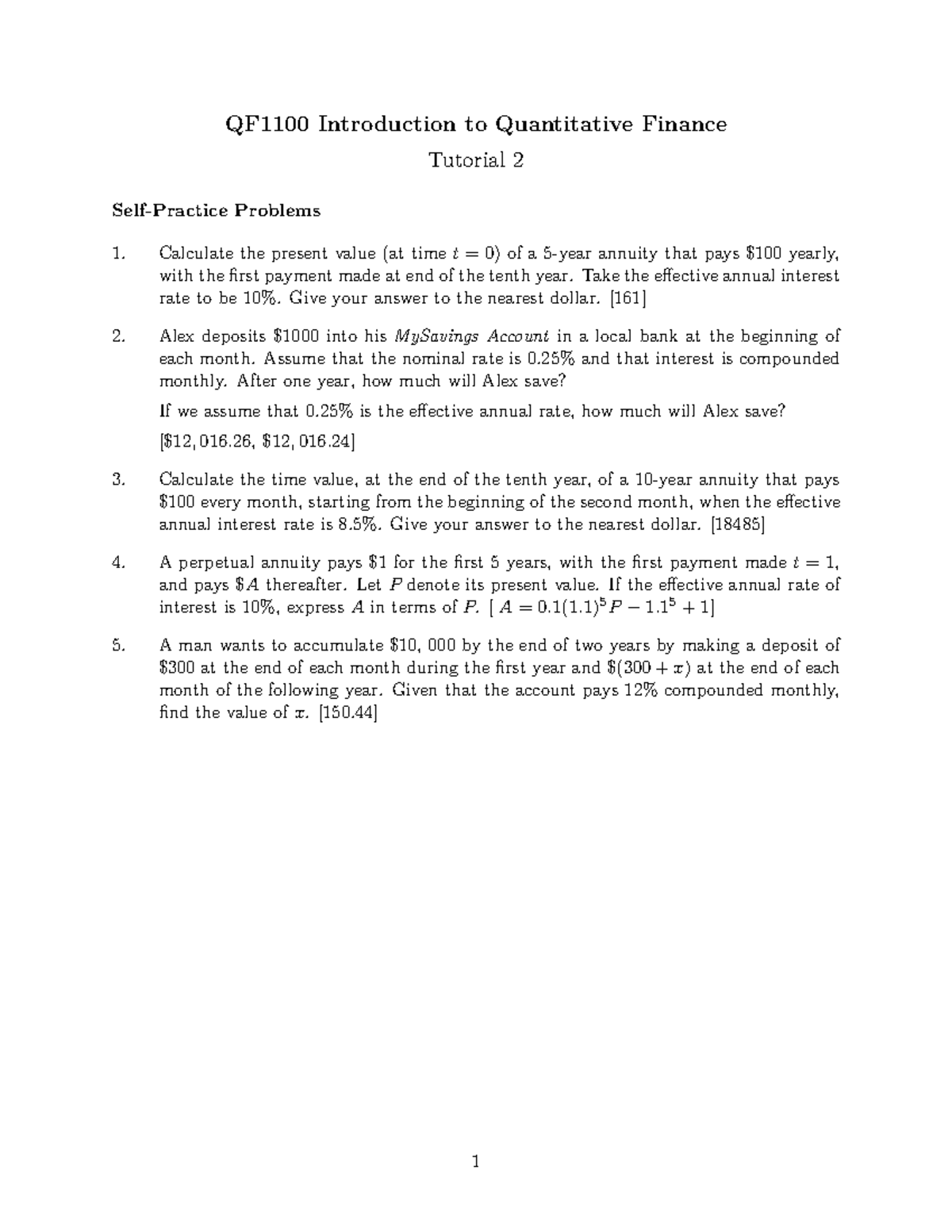 QF1100 Tutorial 2: Problems on Present Value & Annuities - Studocu