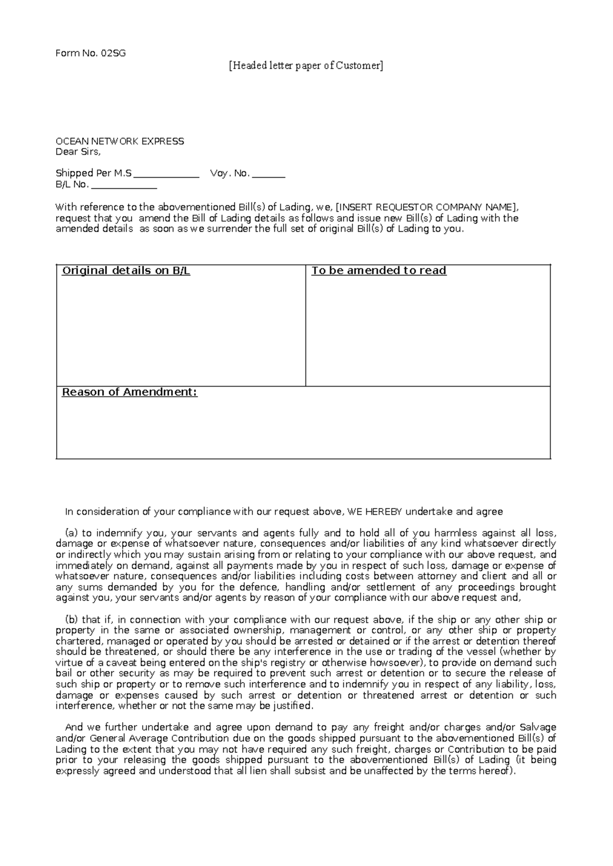 LOI for BL Amendment Request - OCEAN NETWORK EXPRESS - Studocu