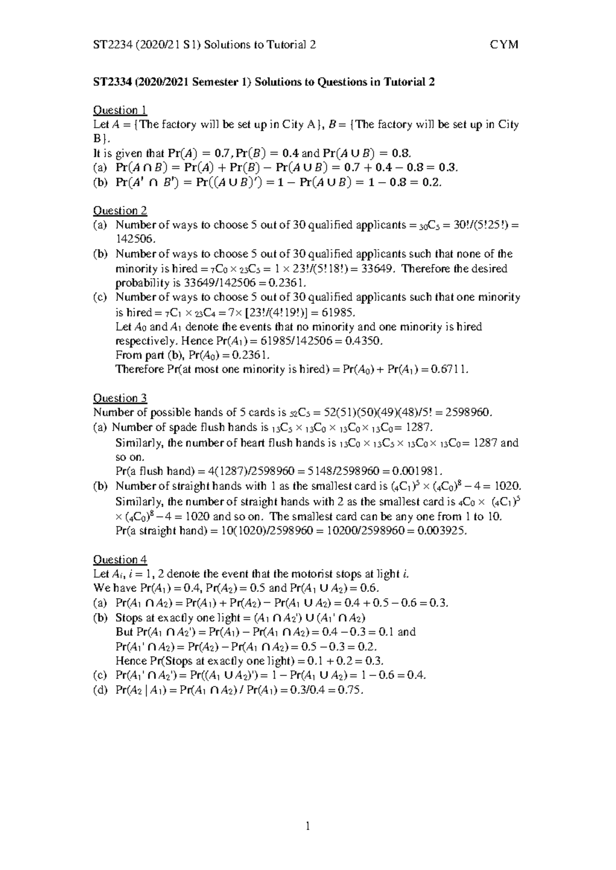 ST2334 20S1 Solution to Tutorial 2 - ST2234 (2020/21 S1) Solutions to ...