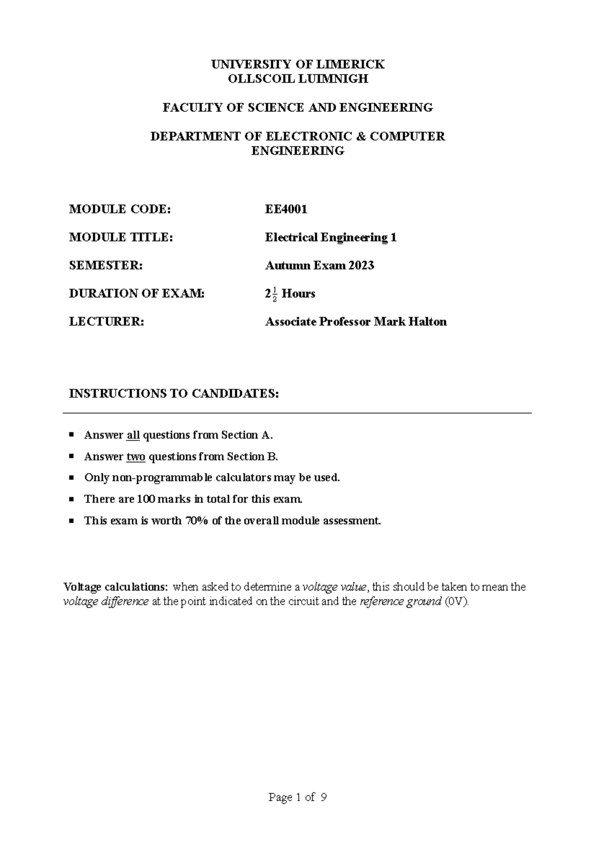 EE4001 Final Exam A2023 - Electrical Engineering 1 Paper - Studocu