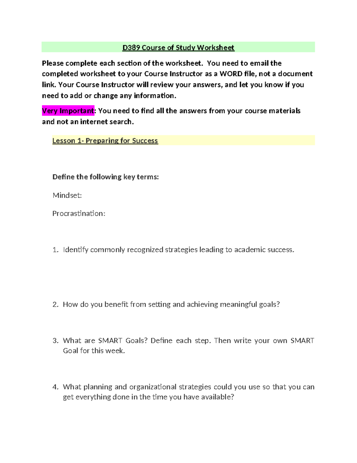 D389 Course of Study Worksheet: Strategies for Academic Success - Studocu