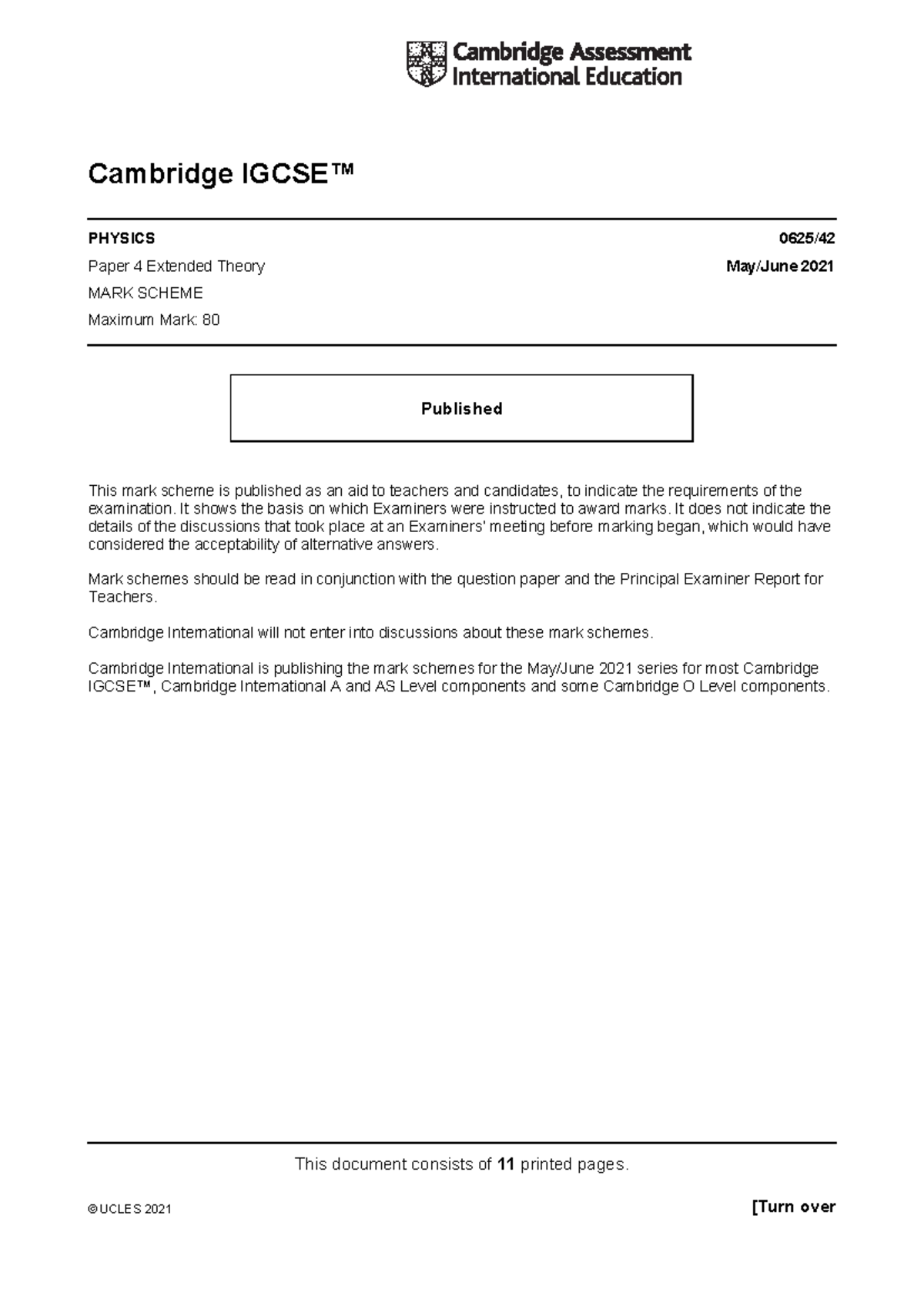 Cambridge IGCSE Physics 0625/42 Paper 4 Mark Scheme - May/June 2021 ...