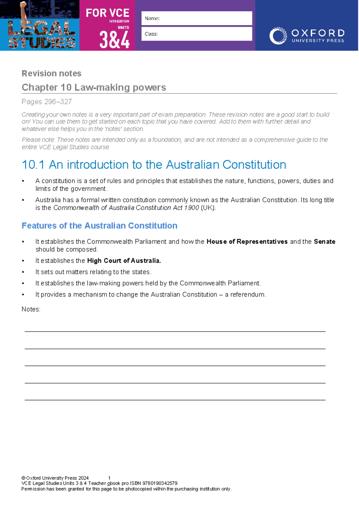 VCE Legal Studies Unit 3 & 4: Ch 10 Law-Making Powers Revision Notes ...