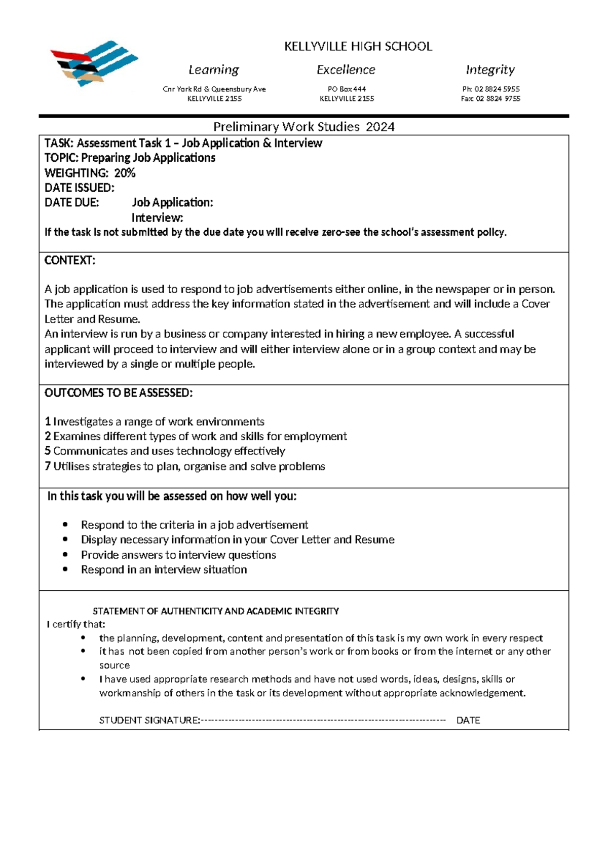 Year 11 Assessment Task 1 2024 - KELLYVILLE HIGH SCHOOL Learning ...