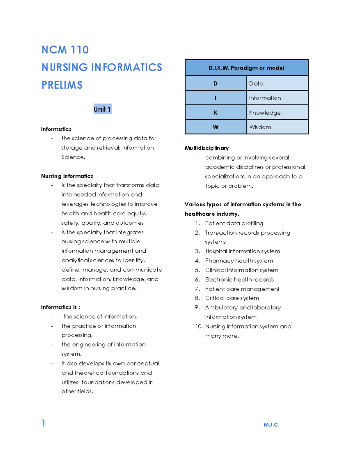 NCM-110- Prelims-UNIT1-3-PPT - NCM 110 NURSING INFORMATICS PRELIMS Unit 1 Informatics - the ...