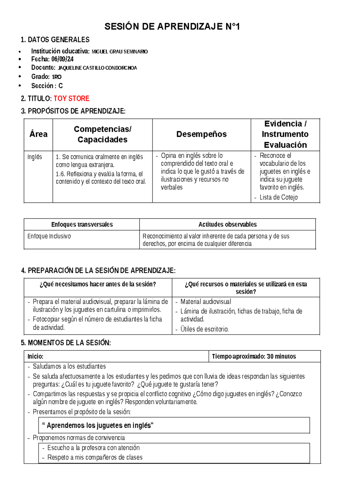 Sesión de Aprendizaje 1: Vocabulario de Juguetes en Inglés - 1RO C ...