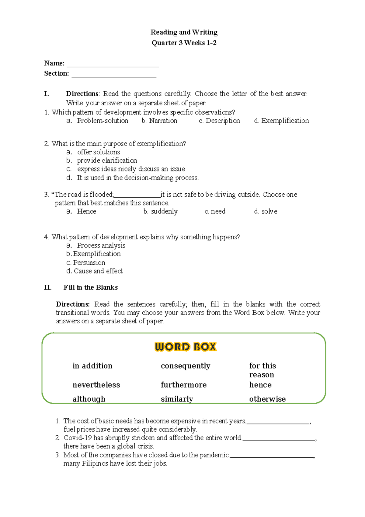 Q3W1 Reading & Writing Activity Sheet: Patterns & Transitions - Studocu