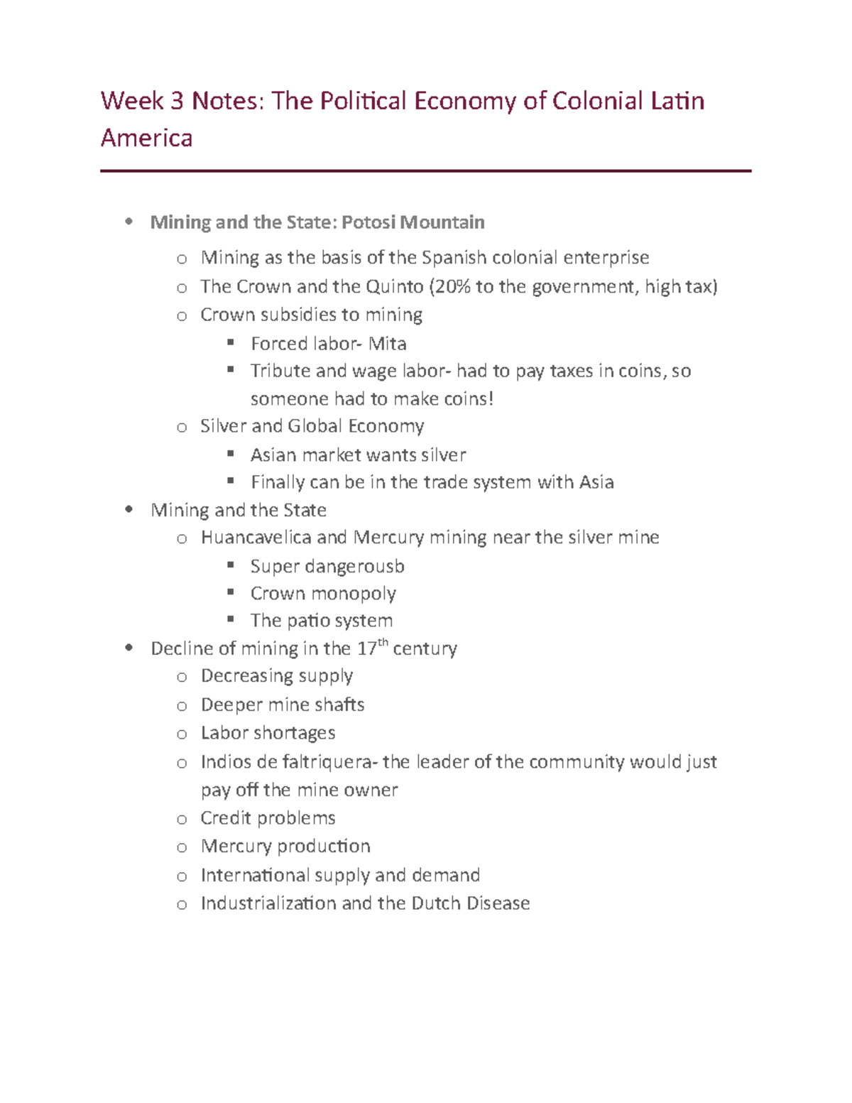 POLI 304: Week 3 Notes on Colonial Latin America Mining and Economy ...