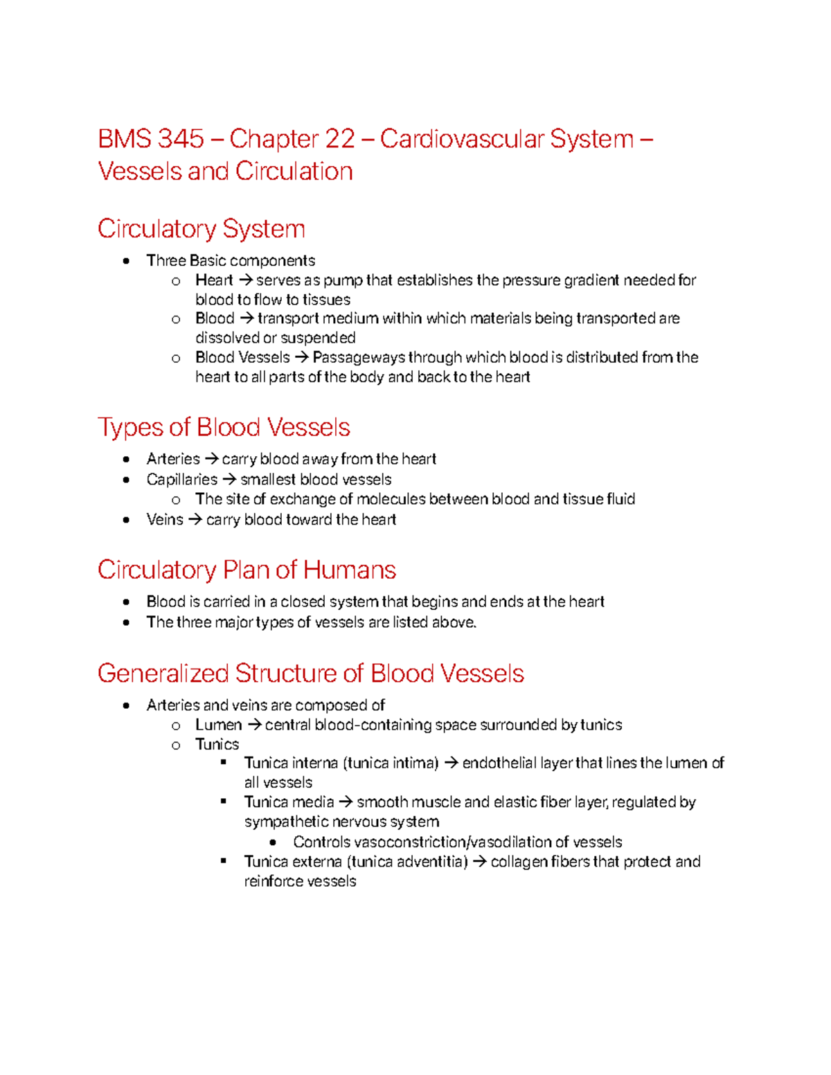 BMS 345 – Chapter 22: Cardiovascular System Overview and Blood Vessels ...