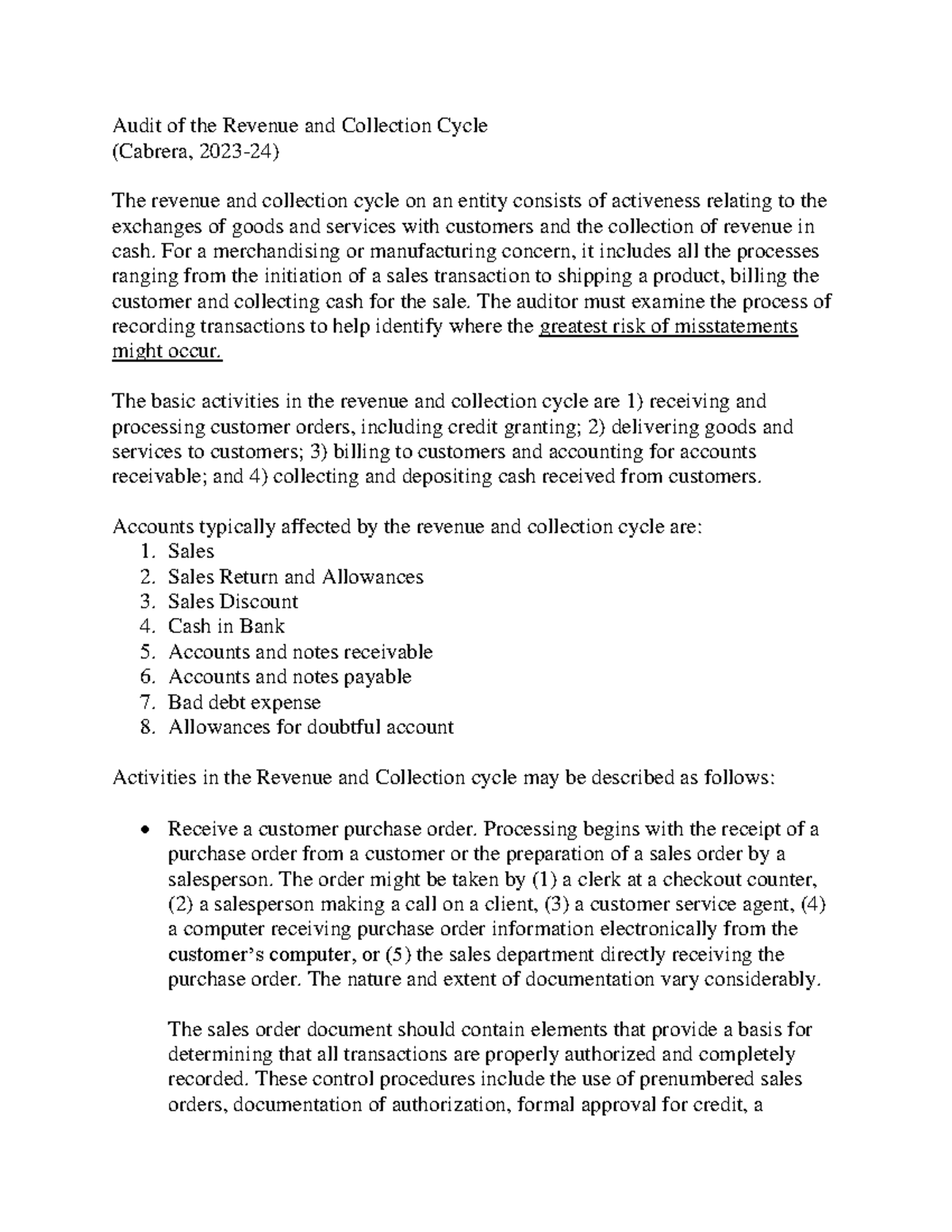 Audit of Revenue & Collection Cycle: Control Testing Insights (Cabrera ...